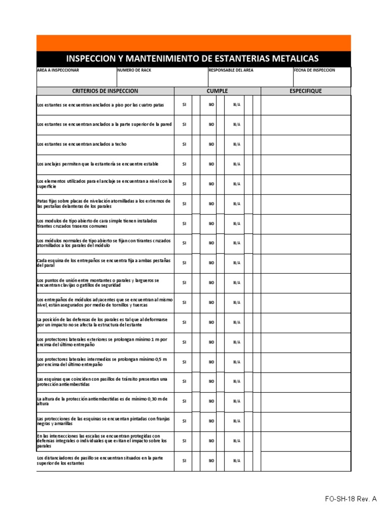 Inspeccion y Mantenimiento de Estanteria Metalica | PDF | Bienes manufacturados