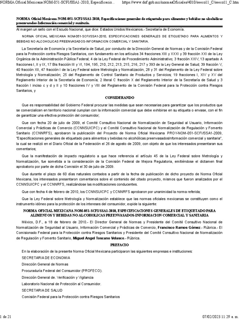 NORMA Oficial Mexicana NOM-051-SCFI - SSA1-2010, Especificaciones ...