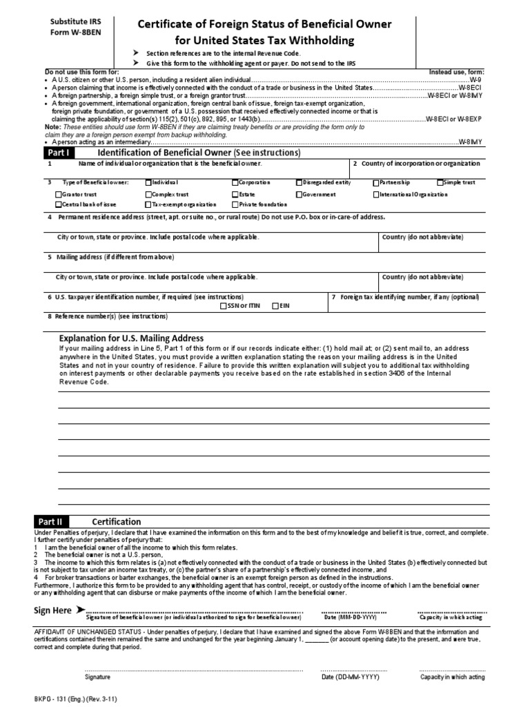 W-8 Form - Rev 3-2011 | PDF | Irs Tax Forms | Business