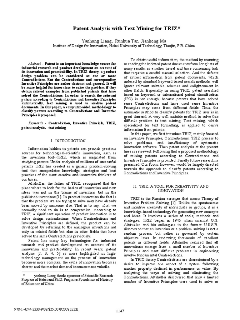 Patent Analysis With Text Mining For TRIZ | PDF