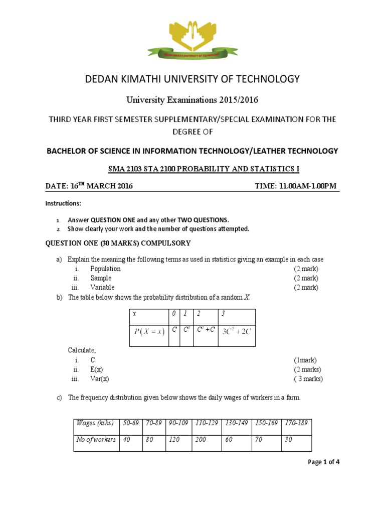 Sma 2103 Probability and Statistics-Print Ready | PDF | Statistics ...
