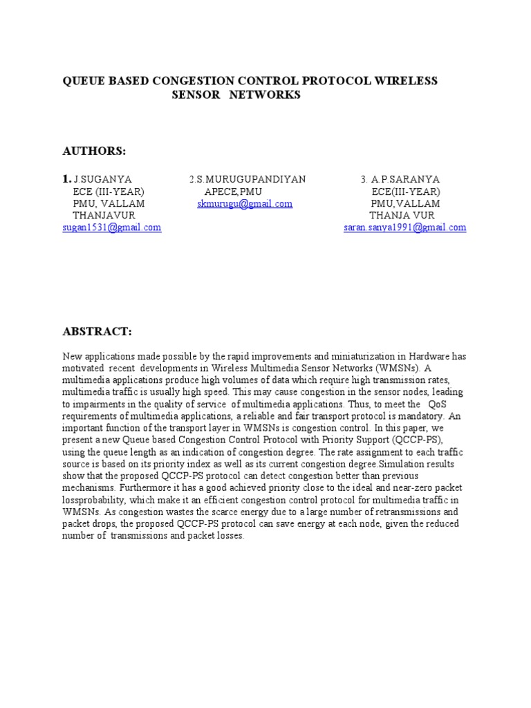 Queue Based Congestion Control Protocol Wireless Sensor Networks | PDF | Network Congestion ...