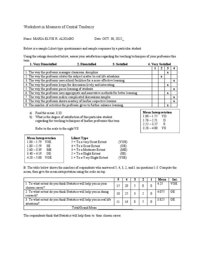 Worksheet in Measures of Central Tendency | PDF | Likert Scale | Statistics