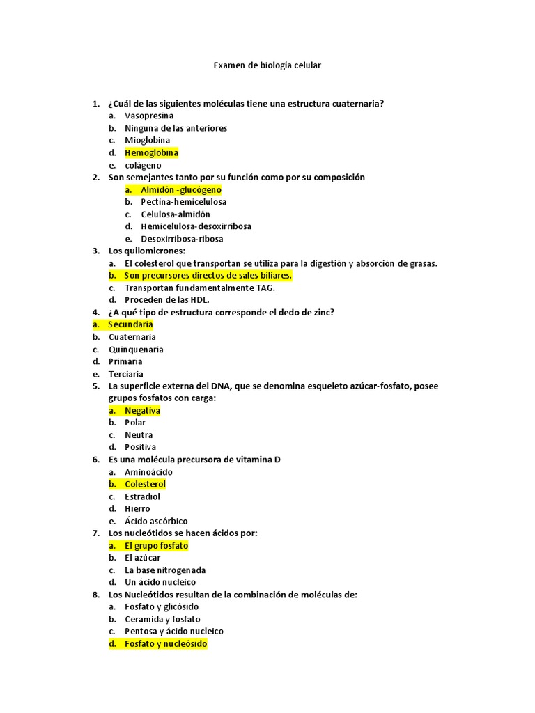 Cuestionario de Biologìa Celular | PDF | Lípido | Nucleótidos