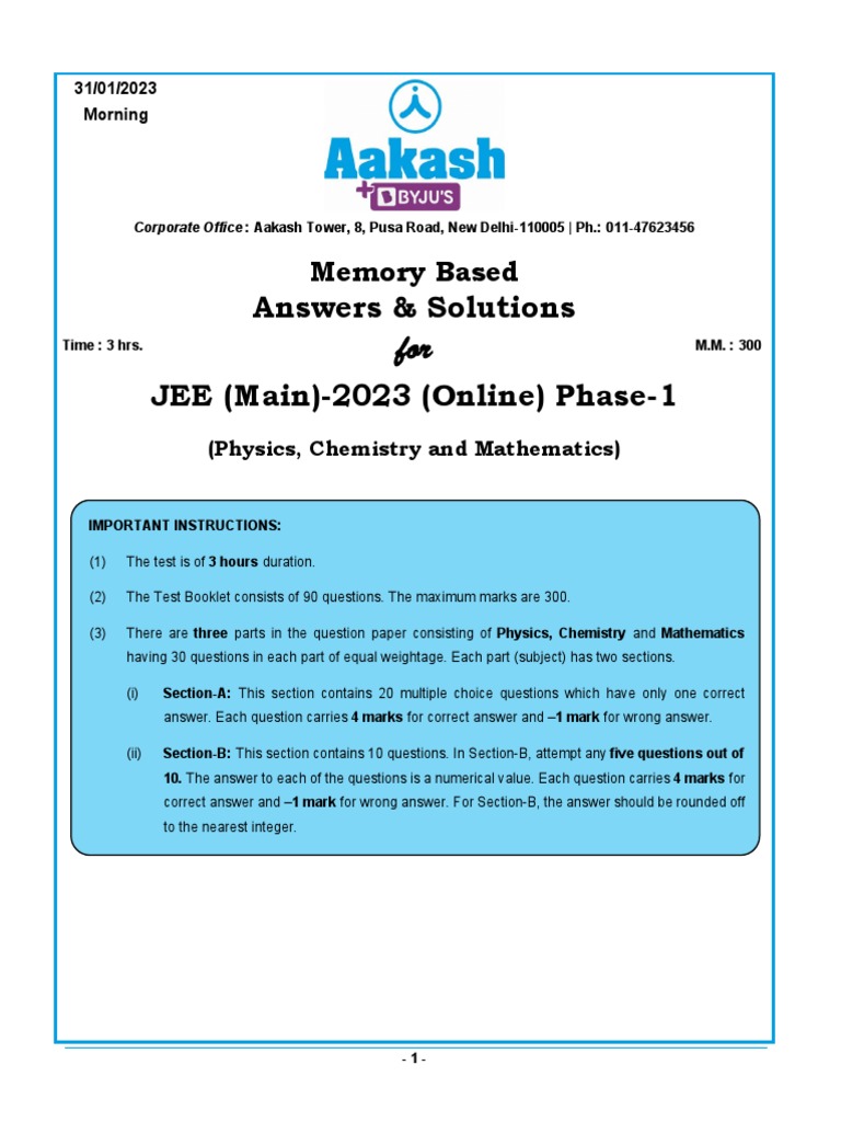 Jee Main 31 Jan Shift 1 Aakash Byjus | PDF | Mole (Unit) | Chlorine