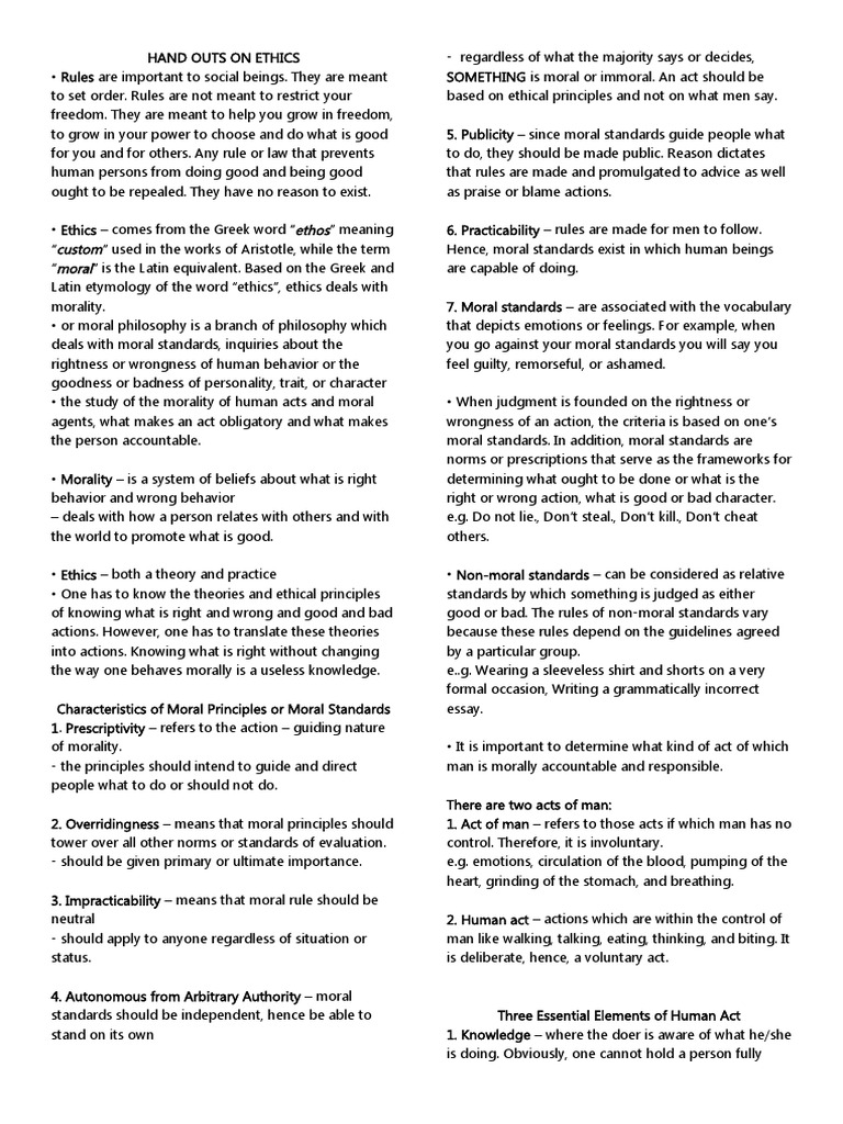 Ethics Handout on Moral Standards | PDF | Morality | Reason