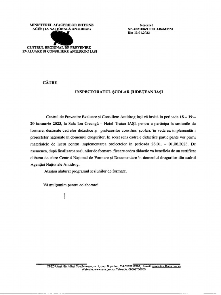 Adresa ISJ Formare Proiecte Nationale | PDF