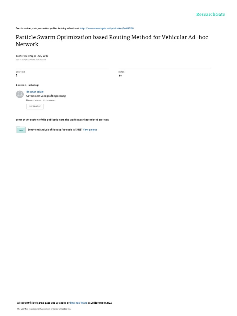 Particle Swarm Optimization Based Routing Method For Vehicular Ad-Hoc Network | PDF | Routing ...