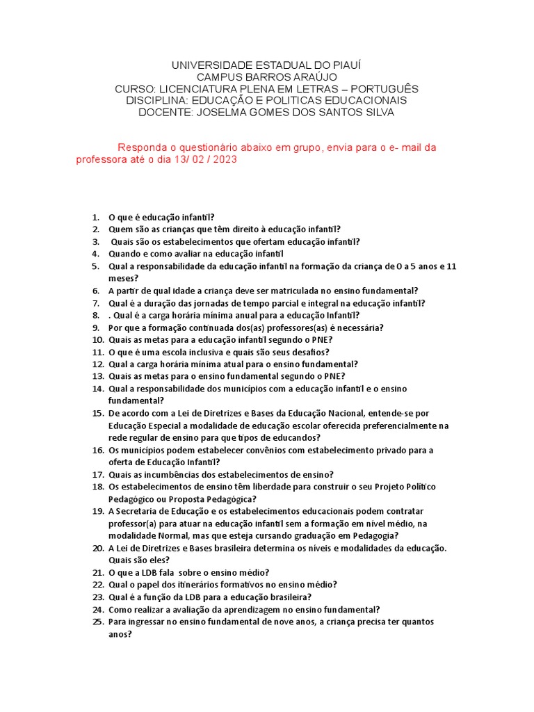Questionário sobre Educação Infantil e LDB | PDF | Pré-escola | Pedagogia