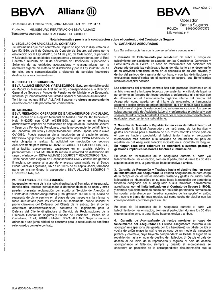 Nota Informativa Previa A La Contratación Sobre El Contenido Del Contrato de Seguro | PDF ...