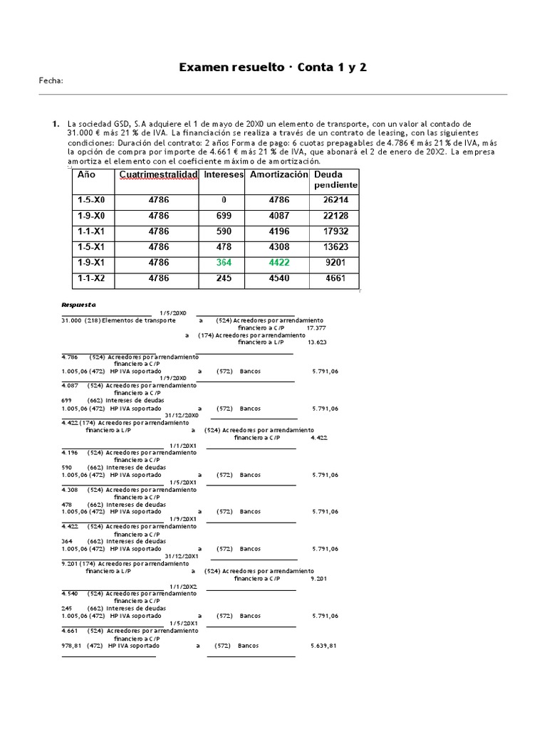 Examen Conta T 1 y 2 Con Leasing | PDF | Factura | Contabilidad