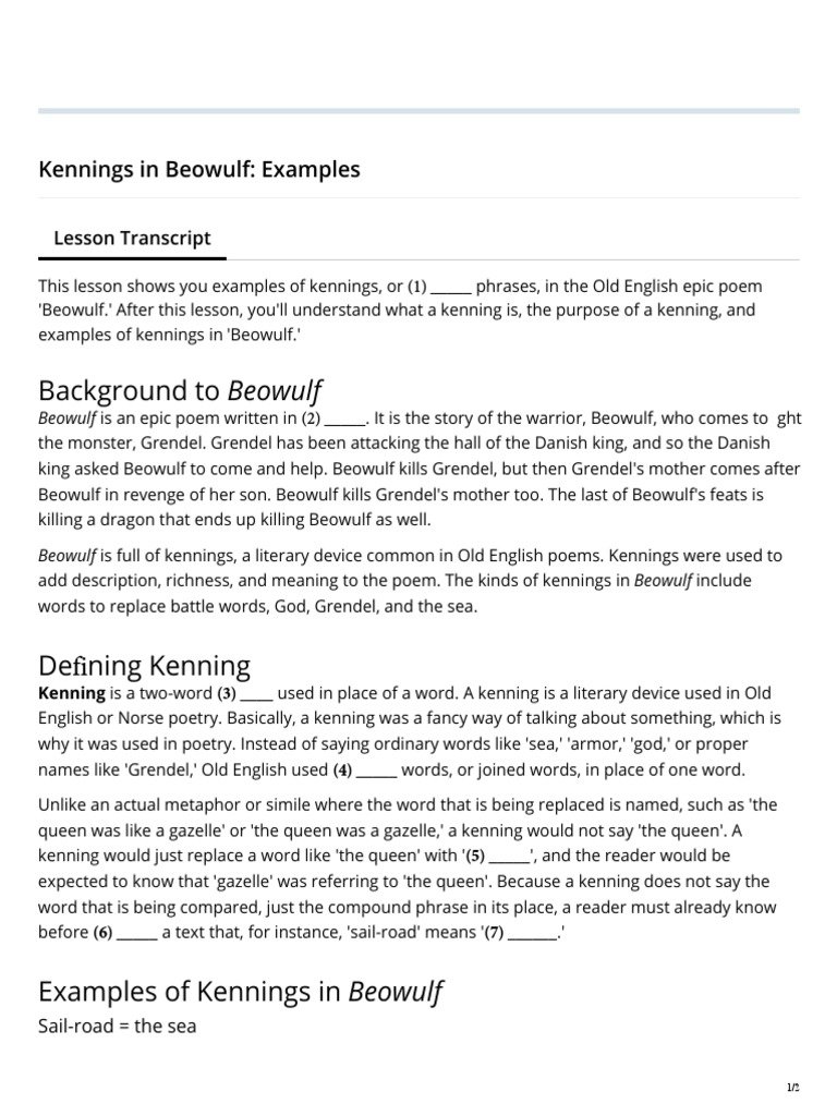 Kennings in Beowulf - Examples - (Cloze) | PDF | Beowulf