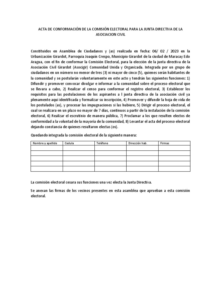 Acta de Conformación de La Comisión Electoral para La Junta Directiva ...