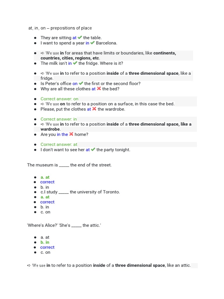 At, In, On - Prepositions of Place | PDF