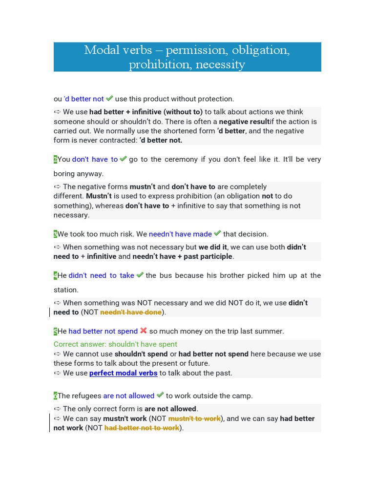 Modal Verbs - Permission, Obligation, Prohibition, Necessity | PDF ...