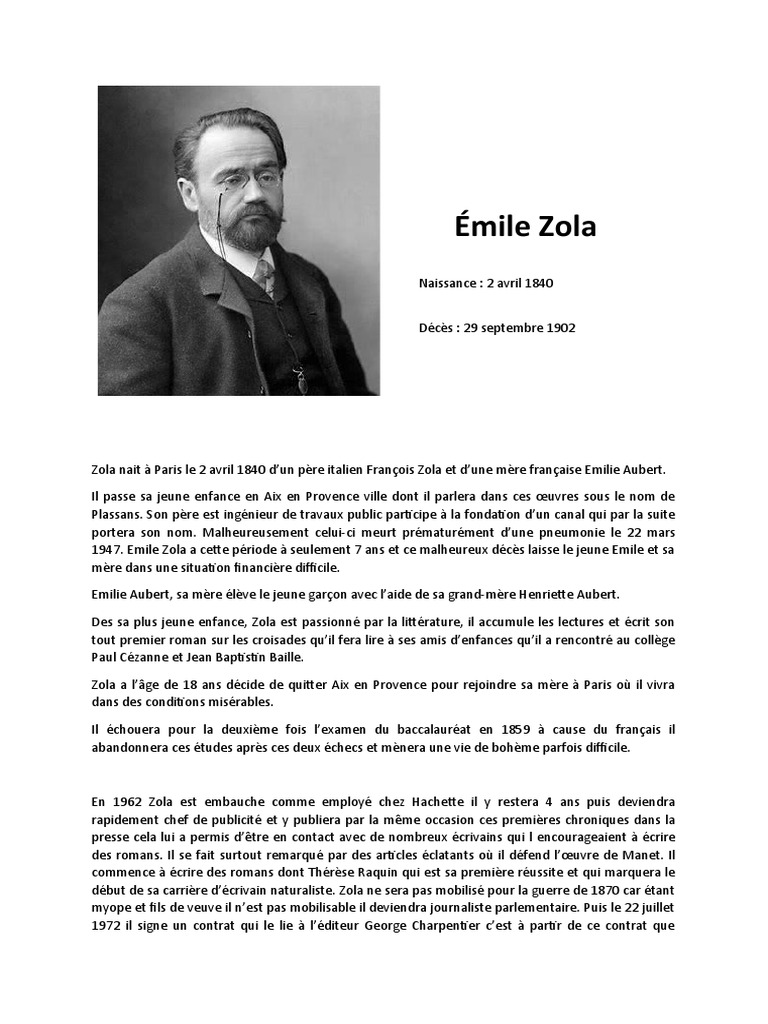 Biographie d'Émile Zola en résumé | PDF | Émile Zola