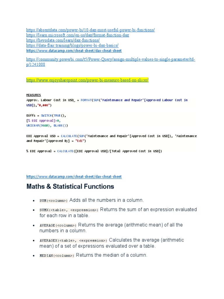 Dax Cheat Sheet Functions Pdf Arithmetic Mean Average