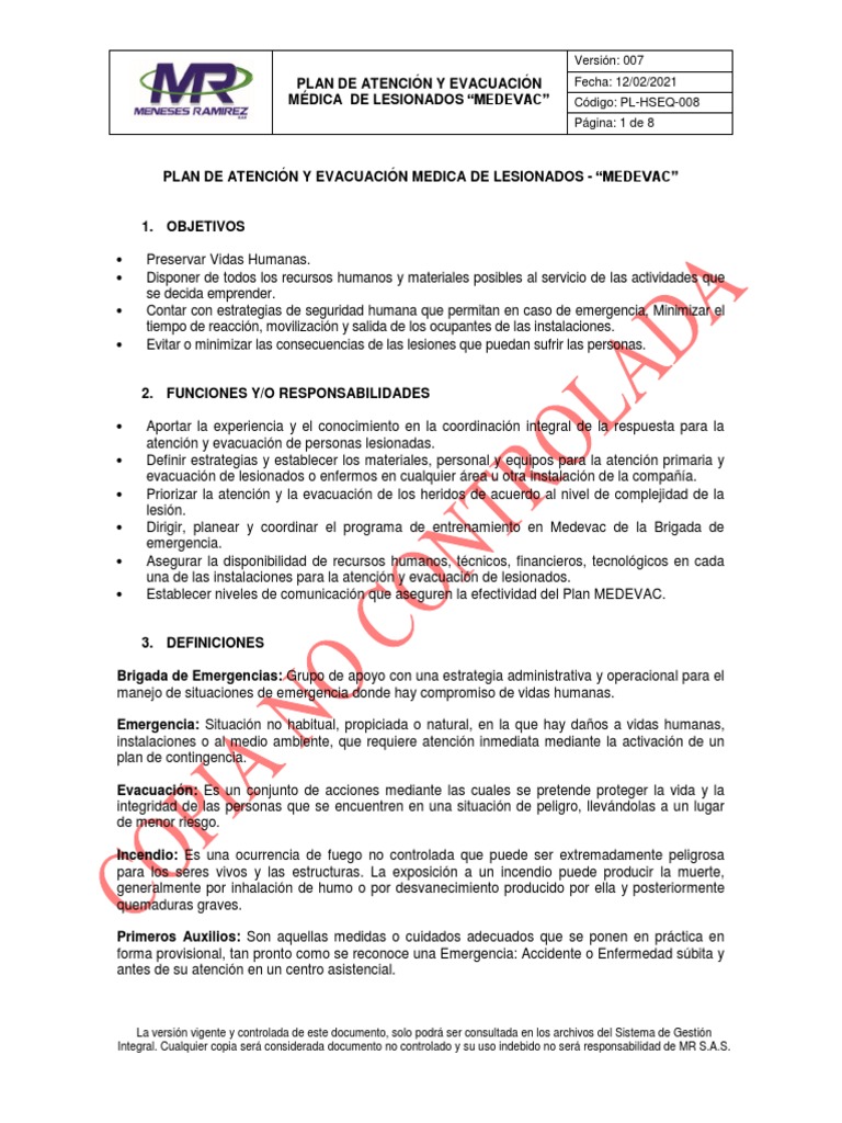 Plan MEDEVAC: Atención y Evacuación Médica | PDF | Primeros auxilios | Emergencia