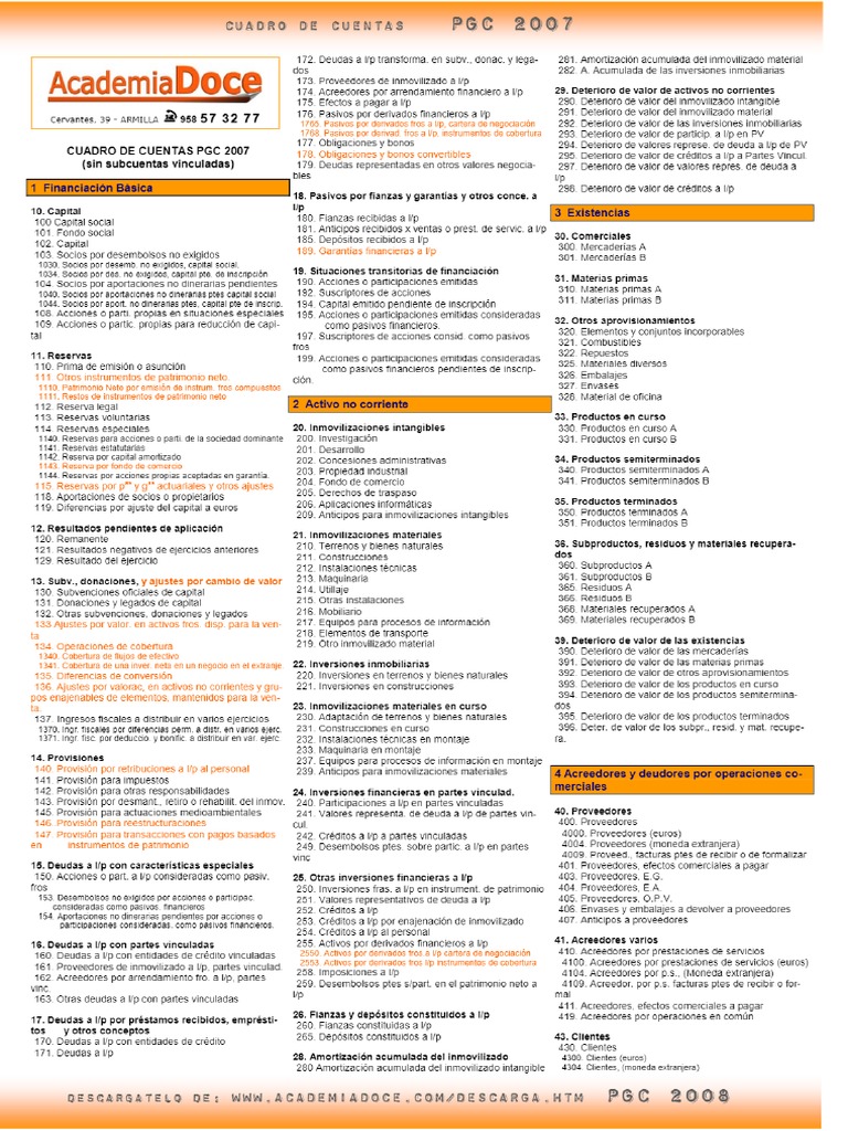 Cuadro de Cuentas PGC 2007 | PDF