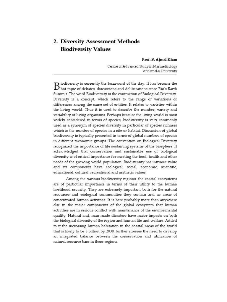 Diversity Assessment Methods Biodiversity Values: Centre of Advanced ...