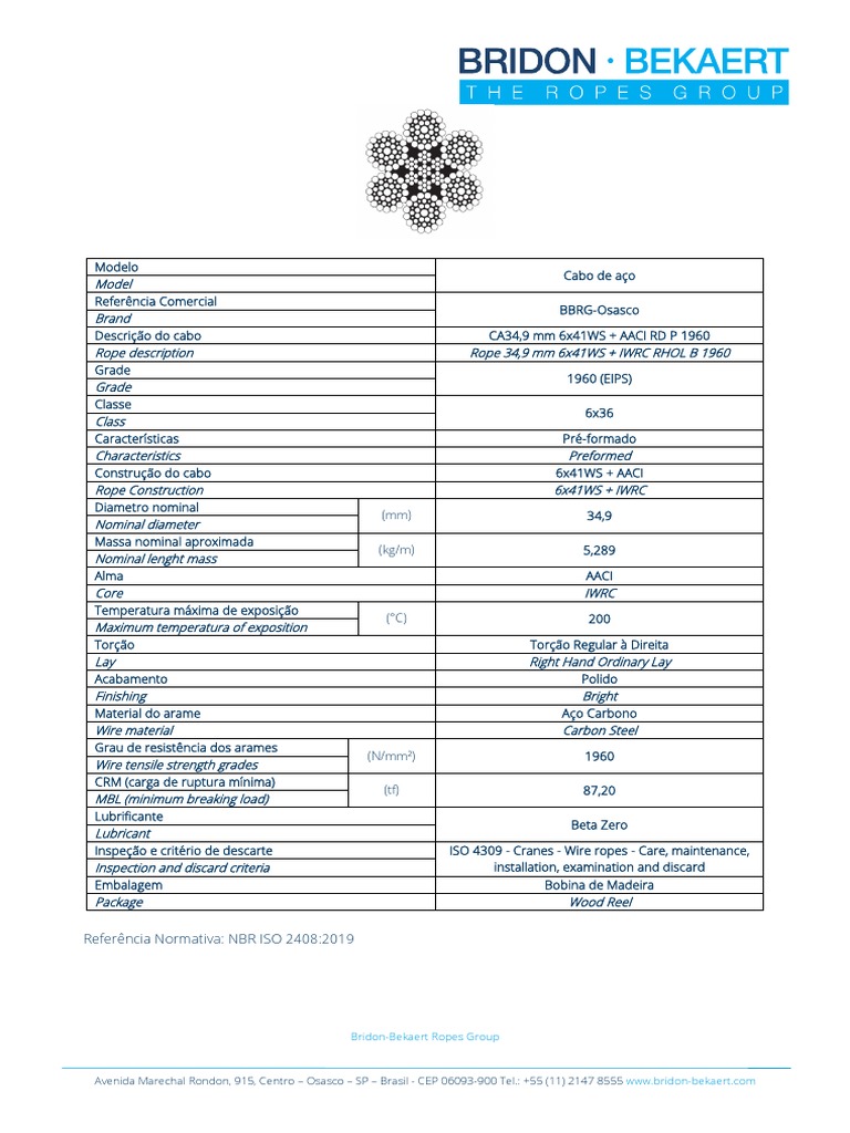 Modelo de cabo de aço Bridon-Bekaert com especificações técnicas ...