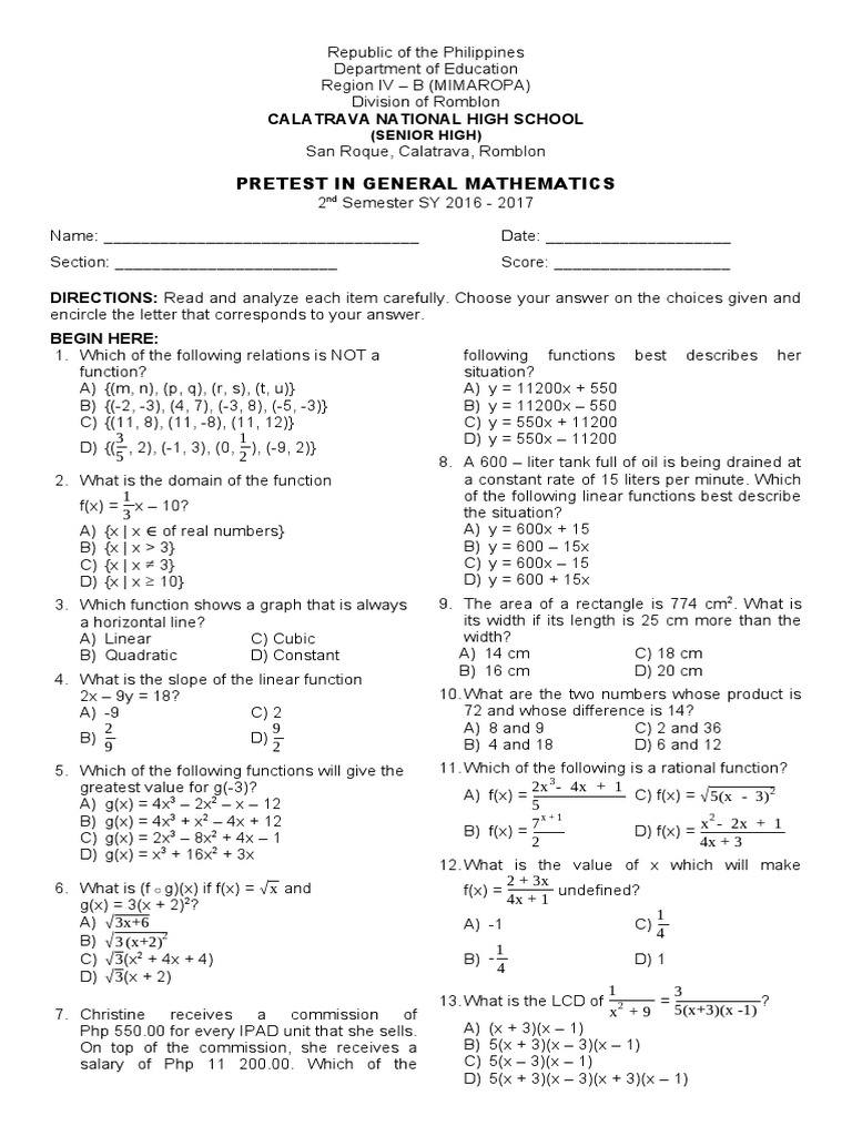 Pretest in General Mathematics | PDF | Interest | Function (Mathematics)