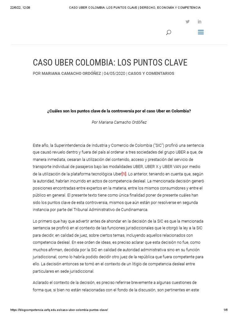 Caso Uber Colombia - Los Puntos Clave - Derecho, Economía y Competencia | PDF | Estatuto de ...