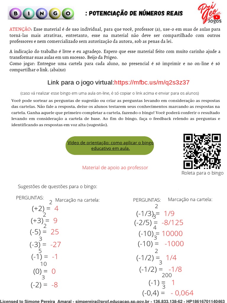 Bingo+Potenciação+Com+Números+Reais PDF+ (Documento+A4) + | PDF ...