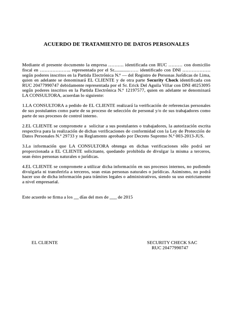 Acuerdo de Tratamiento de Datos Personales | PDF
