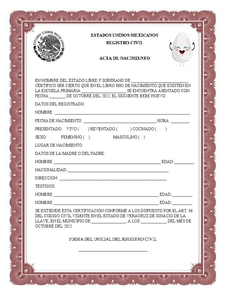 Acta de Nacimiento Huevo Editable | PDF