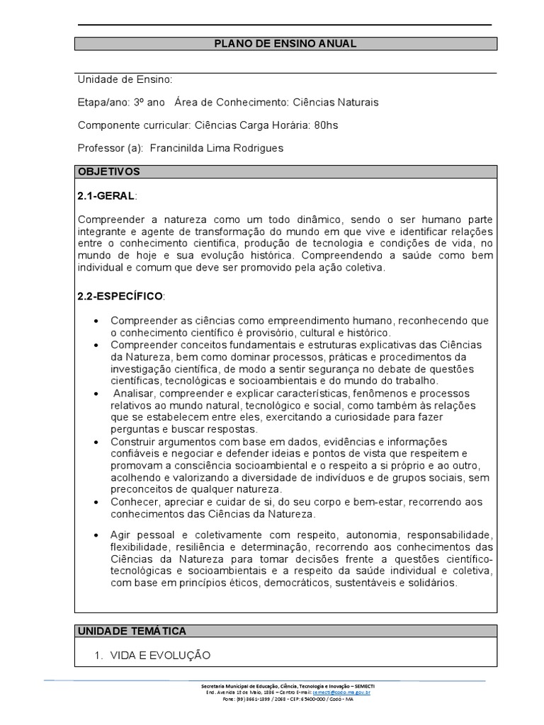 Ensino De Cincias Plano De Aula Ciencias 3 Ano Planejamento Anual De