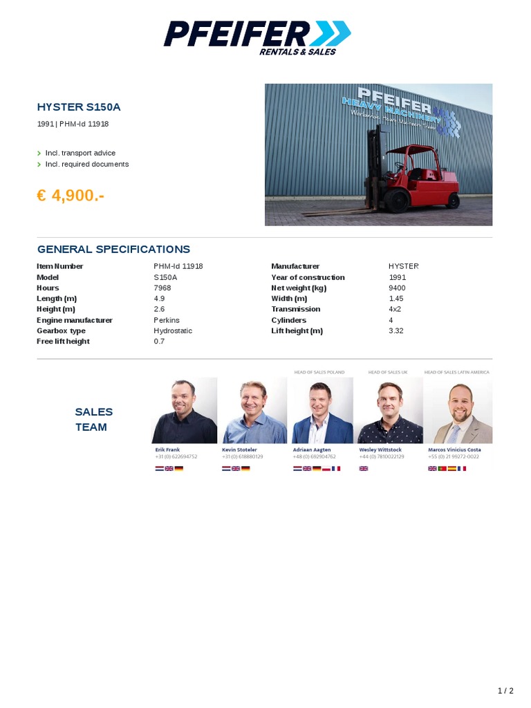 General Specifications HYSTER S150A - PHM-Id 11918 - Pfeifer Heavy ...