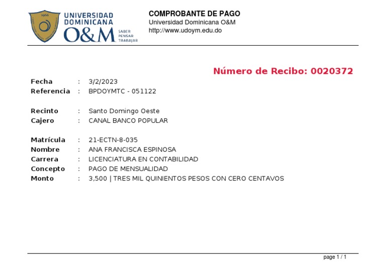Universidad Dominicana O&M - Comprobante de Pago | PDF