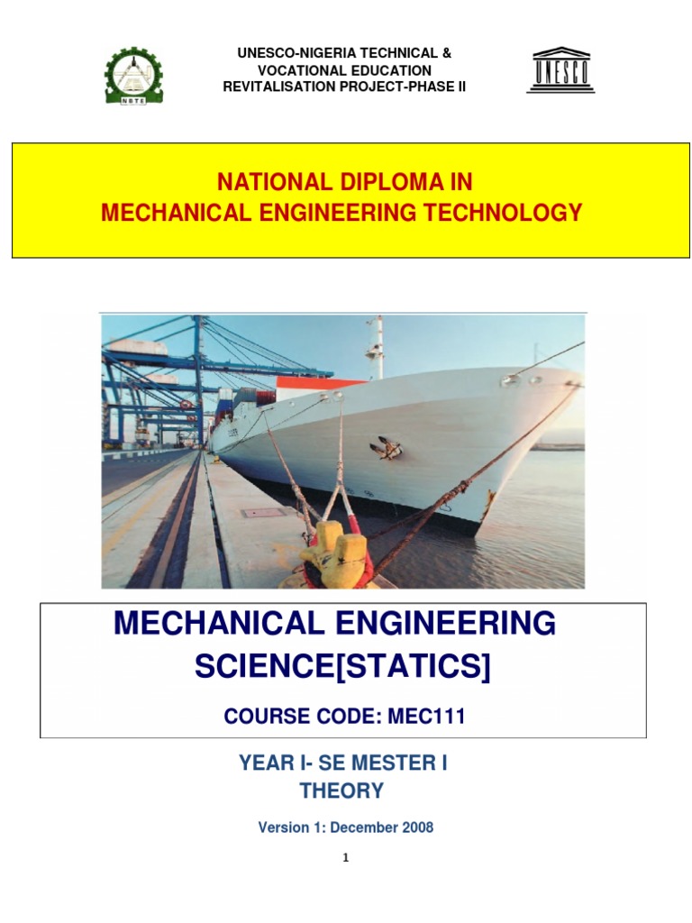 Mechanical Engineering Sciencestatics National Diploma in Mechanical Engineering Technology ...