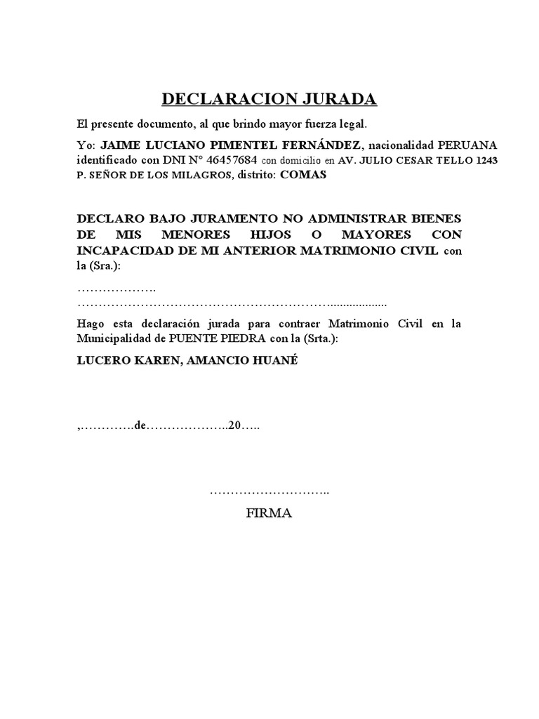 Declaración Jurada de No Administrar Bienes de Hijos Menores | PDF