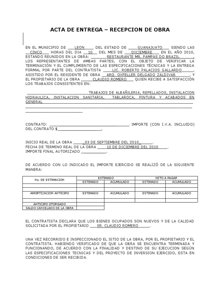 Acta de Entrega - Recepcion de Obra | PDF