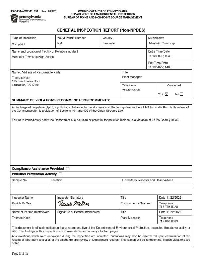 Manheim Township High School Pollution Inspection Report | PDF | Storm ...