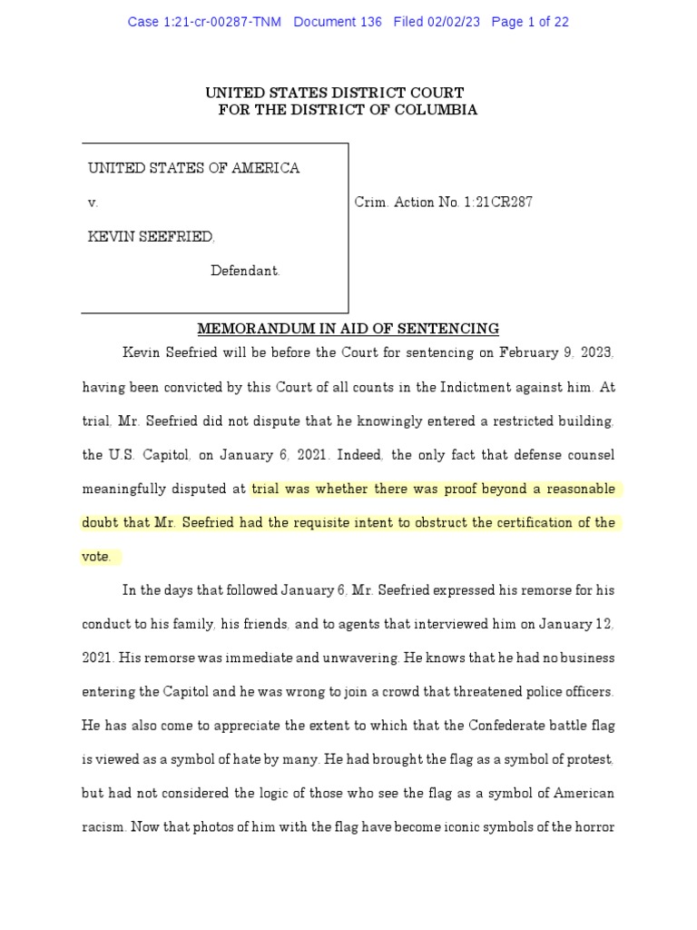 USA V Seefried Sentencing Memo by Defendant | PDF | United States ...