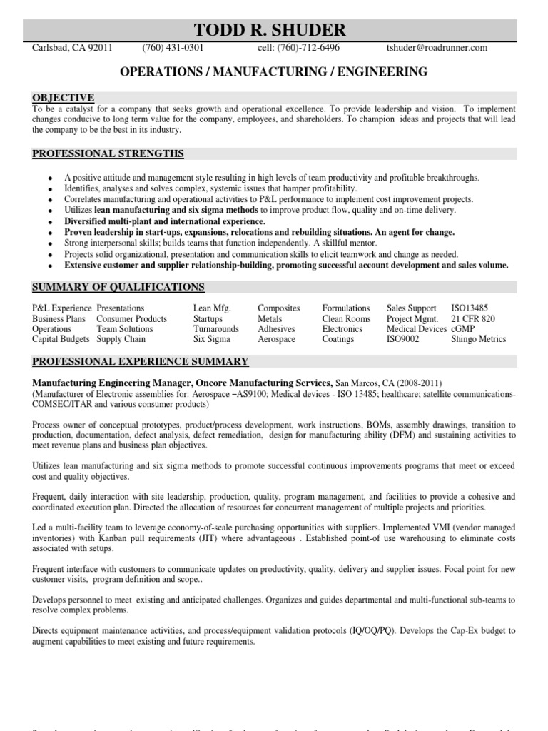 Director Manufacturing Operations Engineering in San Diego CA Resume ...