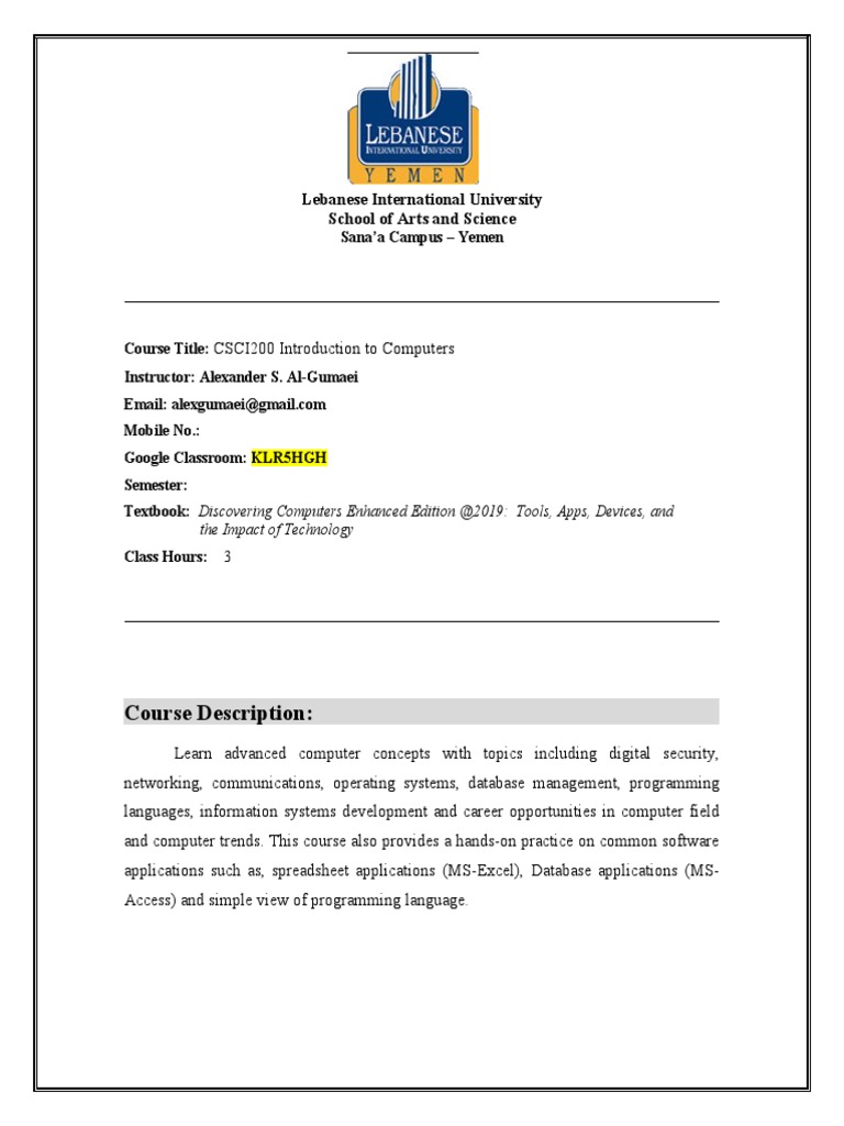 CSCI200 Introduction To Computer Syllabus - Spring 2020-2021 | PDF ...