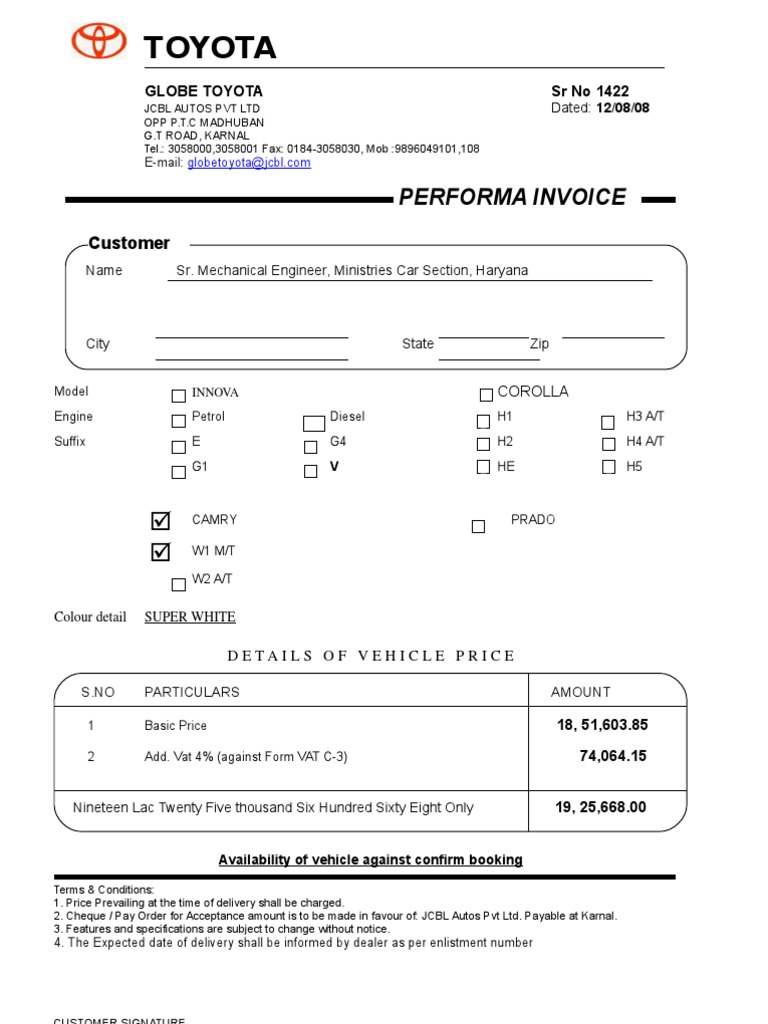 Performa Invoice Camry Govt. Dept. | PDF | Transportation Engineering ...