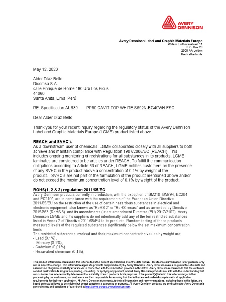 Regulatory Compliance Letter Regarding Specification AU939 PP50 CAVIT ...