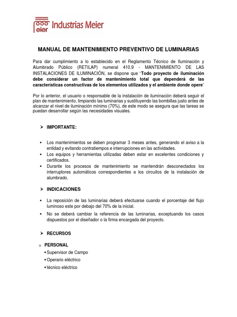 Manual de Mantenimiento de Luminarias | PDF | Encendiendo