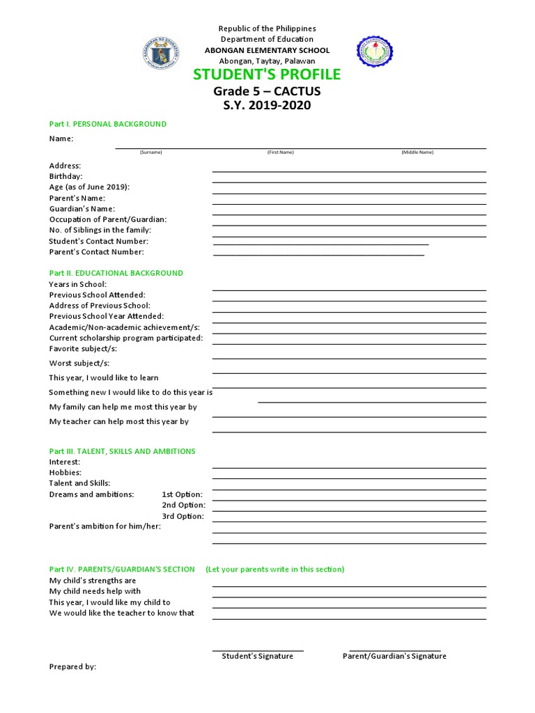 Grade 5 Student Profile Template | PDF | Behavior Modification | Learning