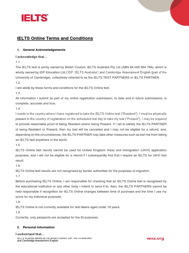 IELTS Online Test Terms and Conditions | PDF | International English ...