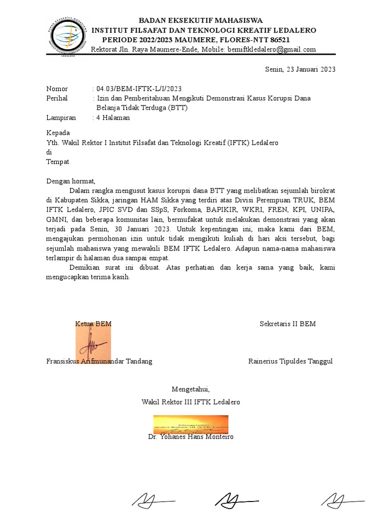 Izin Dan Pemberitahuan Mengikuti Demonstrasi Kasus Korupsi Dana Belanja Tidak Terduga (BTT) | PDF