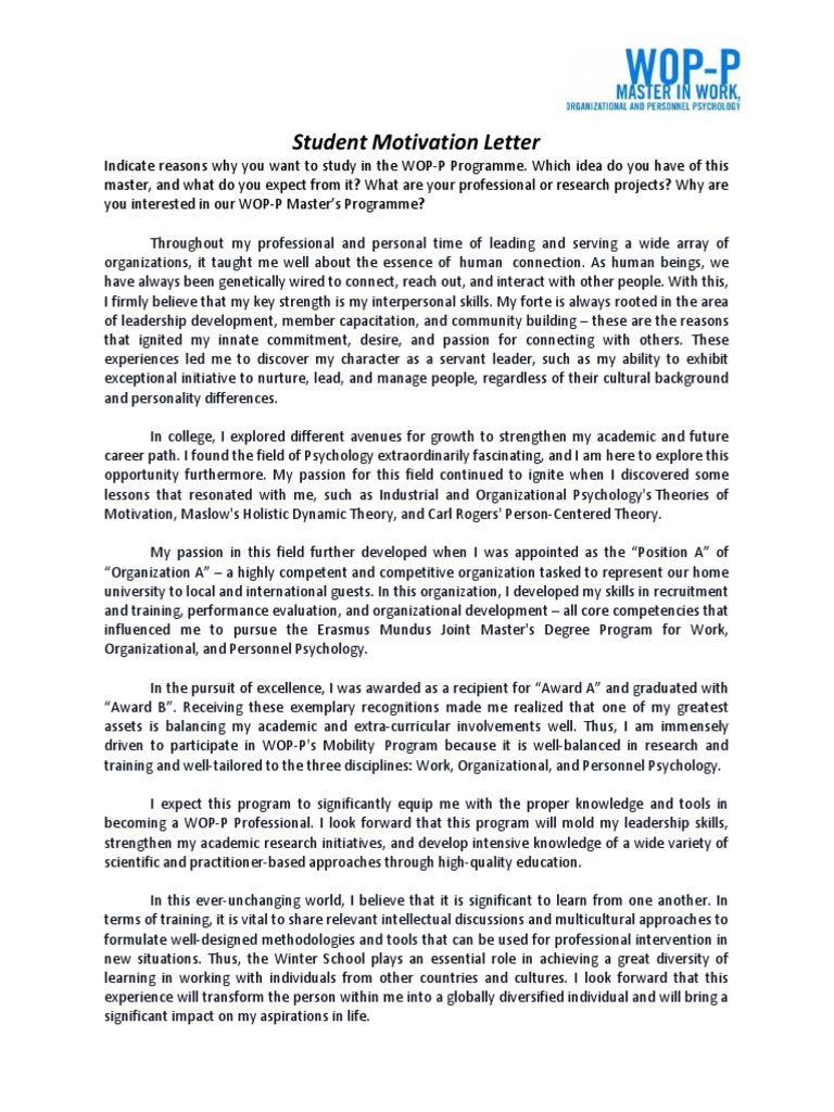 Sample Motivation Letter by Jezeree Gajelomo | PDF | Motivation ...