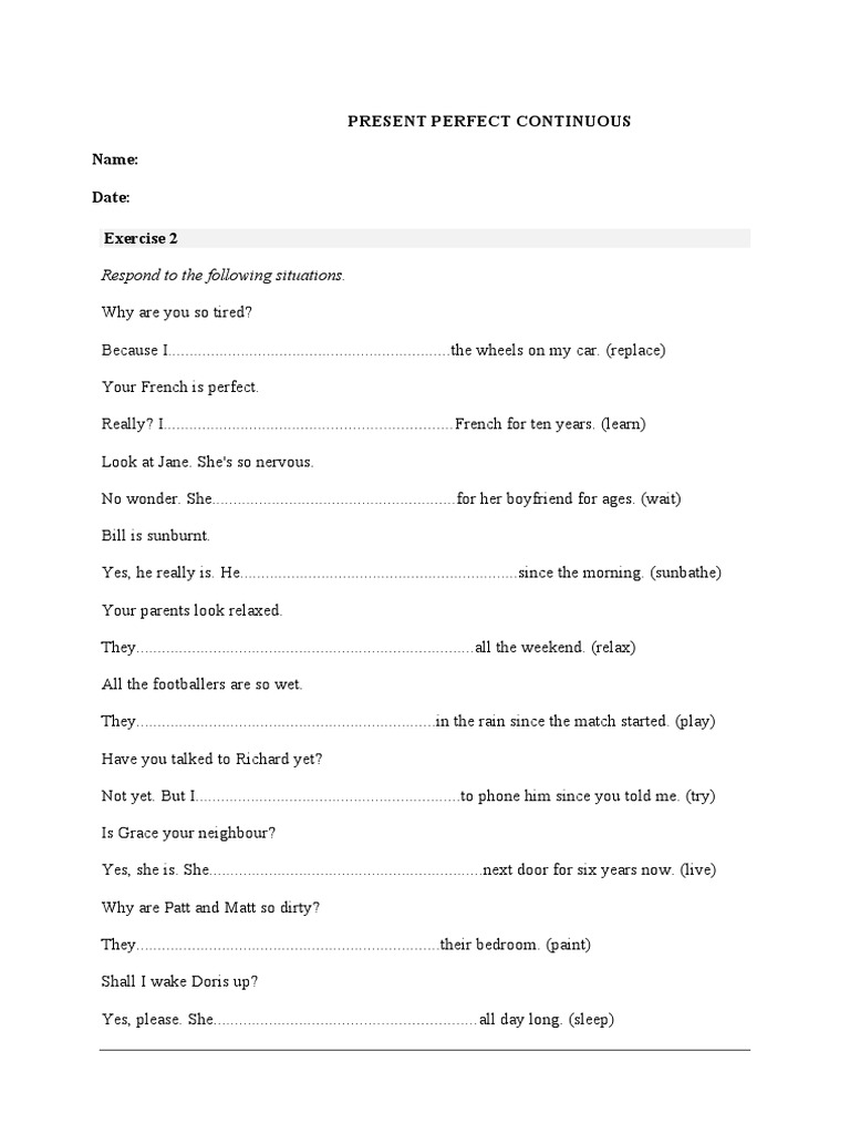 Present Perfect Continuous Exercise 2 | PDF