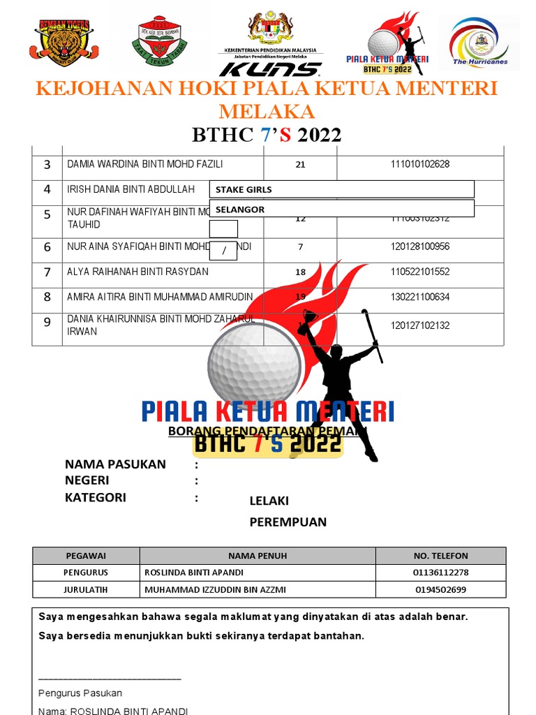 Borang Pendaftaran Pemain Kejohanan Hoki BTHC 7'S 2022 Perempuan | PDF