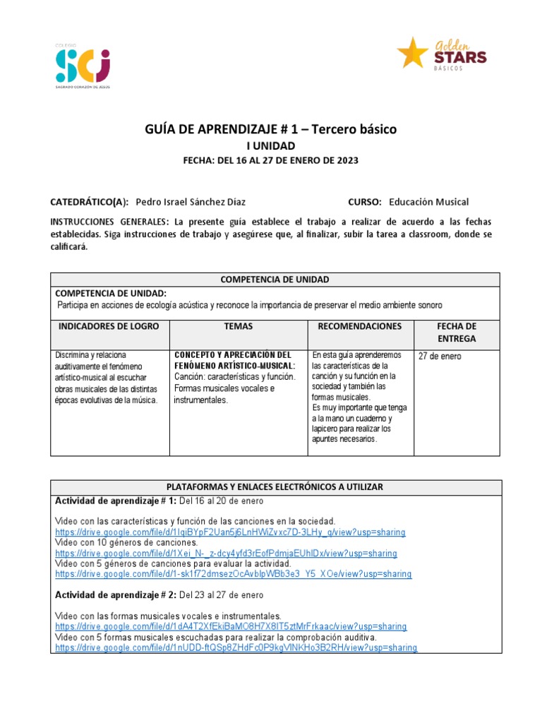 Guía de Aprendizaje # 1 - Tercero Básico - Primera Unidad 2023 | PDF | Canciones | Ritmo